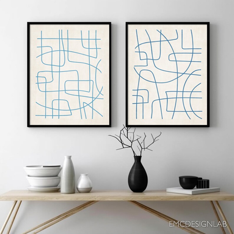 Minimalist Blue Line Art Print Set of 2 Blue Tones Modern Minimalist ...