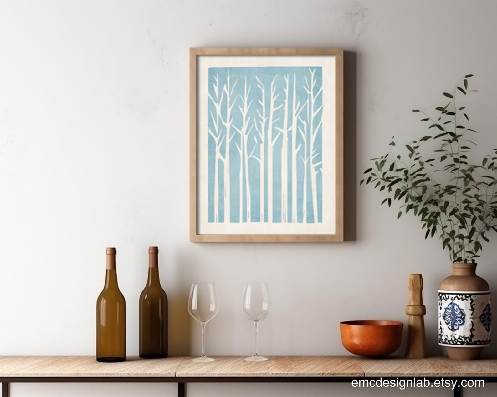 Light Blue Minimalist Trees Forest Art Print Sky Blue White Light ...