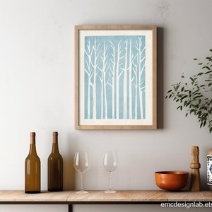 Light Blue Minimalist Trees Forest Art Print Sky Blue White Light ...
