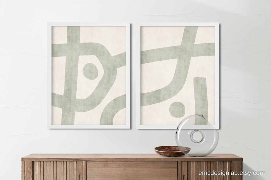 Off-white Light Green Abstract Art Set of 2 Prints, Elegant Bathroom ...