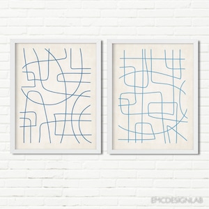 Minimalist Blue Line Art Print Set of 2 Blue Tones Modern Minimalist ...