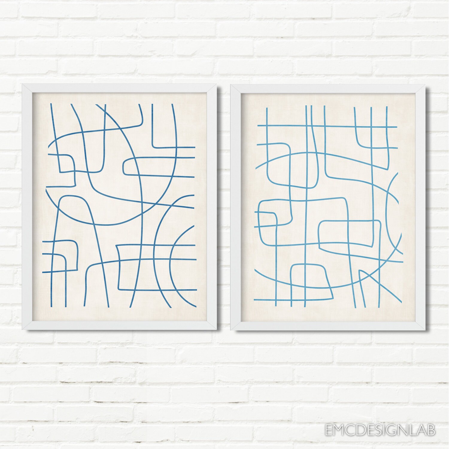 Minimalist Blue Line Art Print Set of 2 Blue Tones Modern Minimalist ...