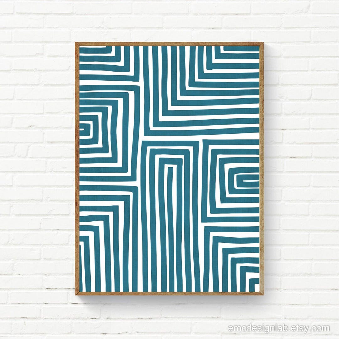 Teal White Hand Drawn Bold Lines Print Digital Modern Geometric Decor ...