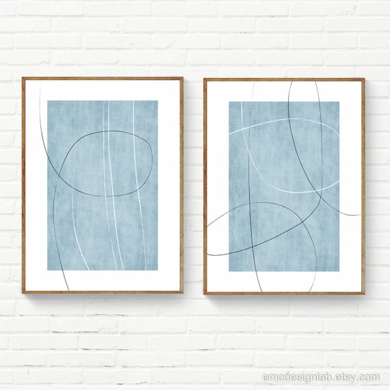 Light Blue Linen Modern Line Art Set of 2 Artworks Minimalist - Etsy