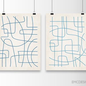 Minimalist Blue Line Art Print Set of 2 Blue Tones Modern Minimalist ...