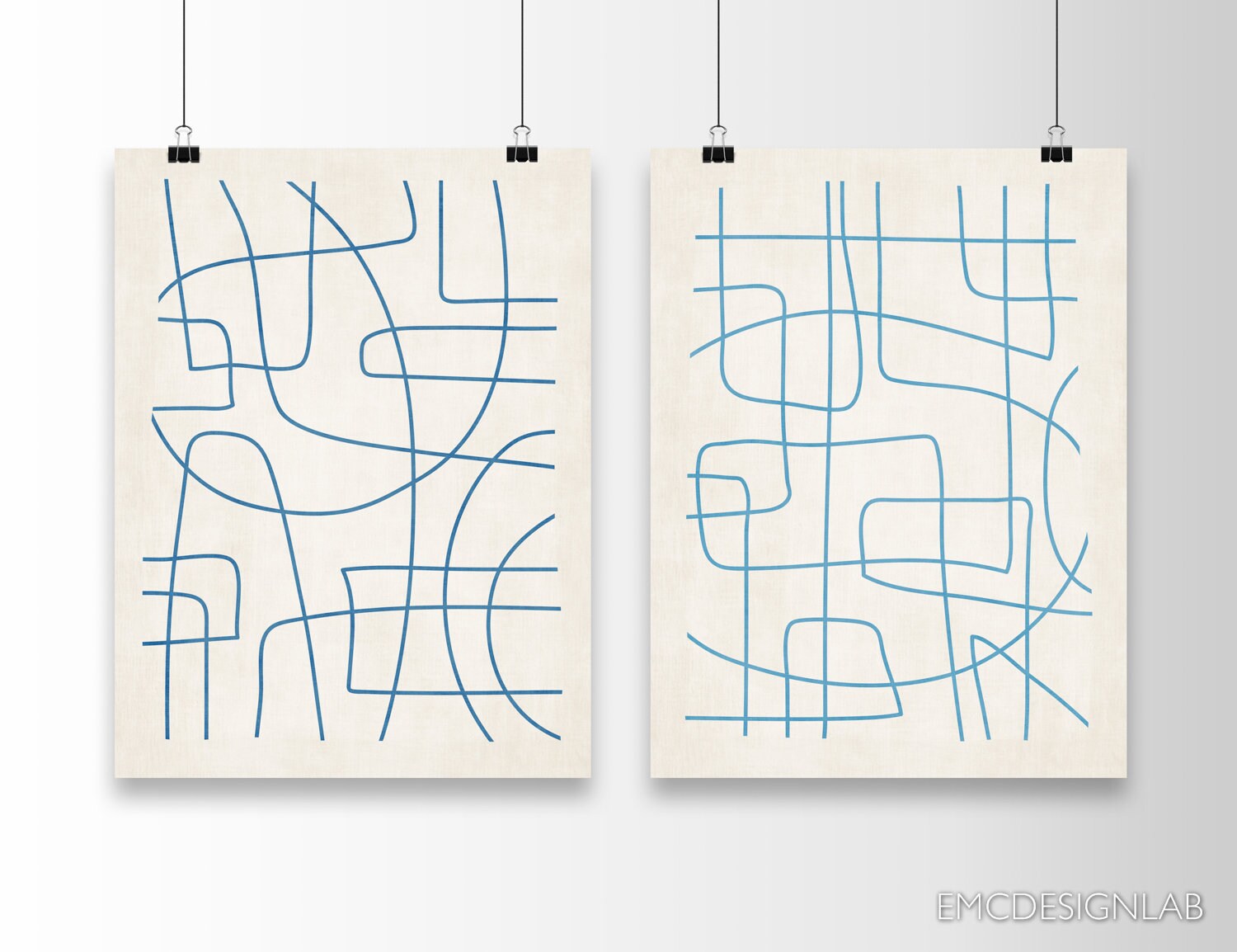 Minimalist Blue Line Art Print Set of 2 Blue Tones Modern Minimalist ...