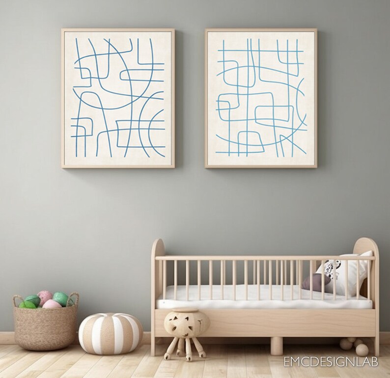 Minimalist Blue Line Art Print Set of 2 Blue Tones Modern Minimalist ...