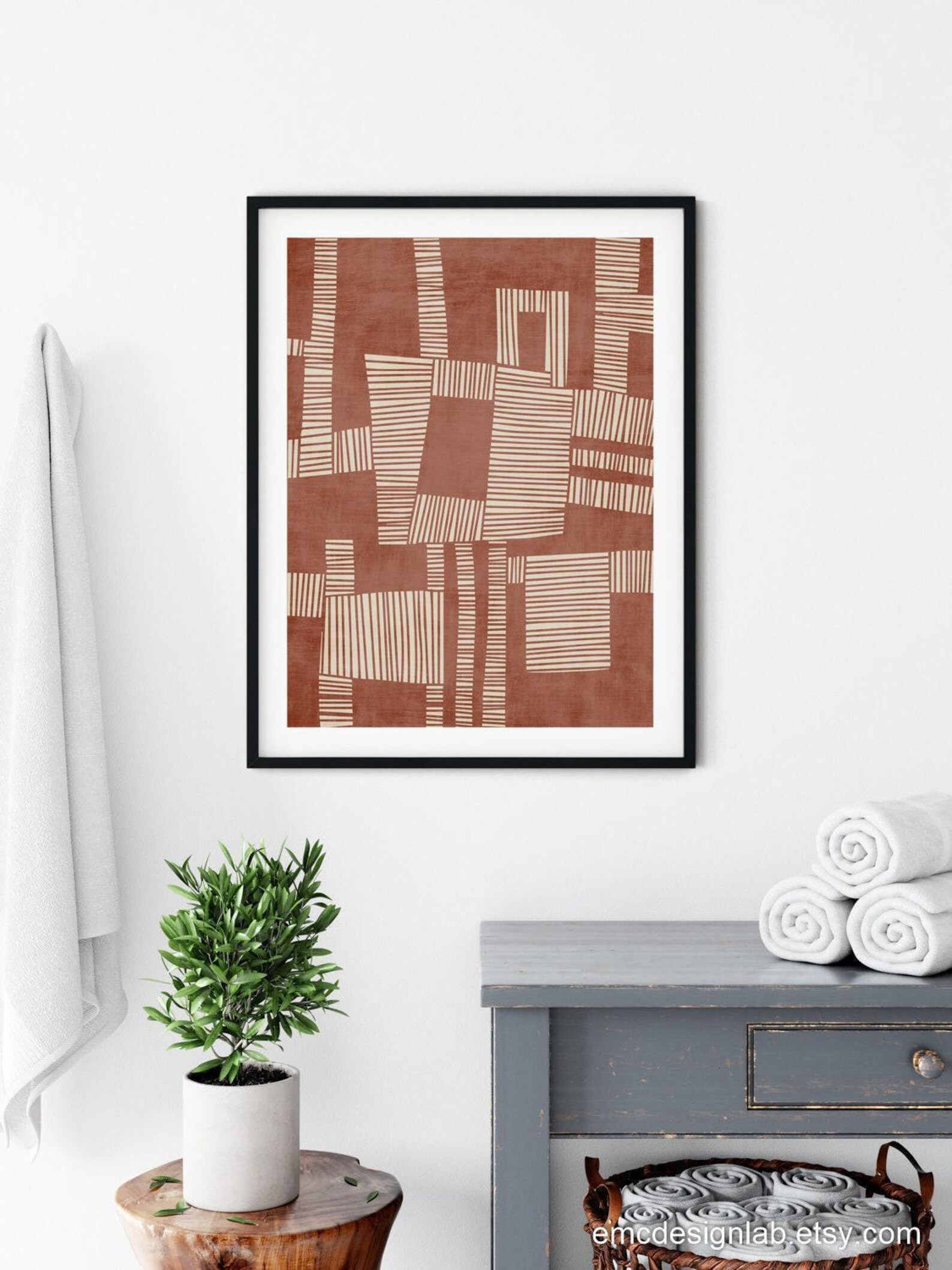 Terra Wall Art Unique Print, Digital Linocut Print Boho Burnt Orange ...