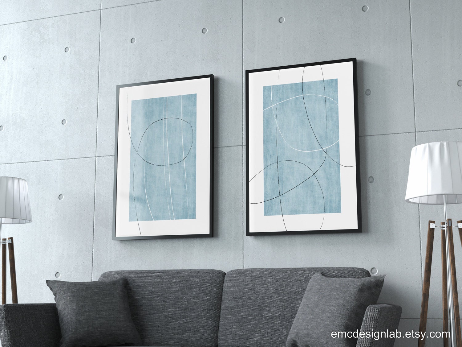 Light Blue Linen Modern Line Art Set of 2 Artworks Minimalist - Etsy
