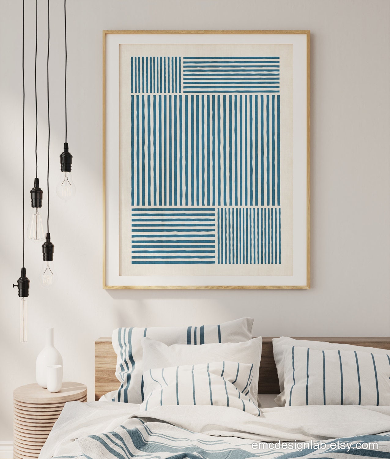 Blue Lines Wall Art, Minimalism White Lines Print, Aegean Blue Stripes ...
