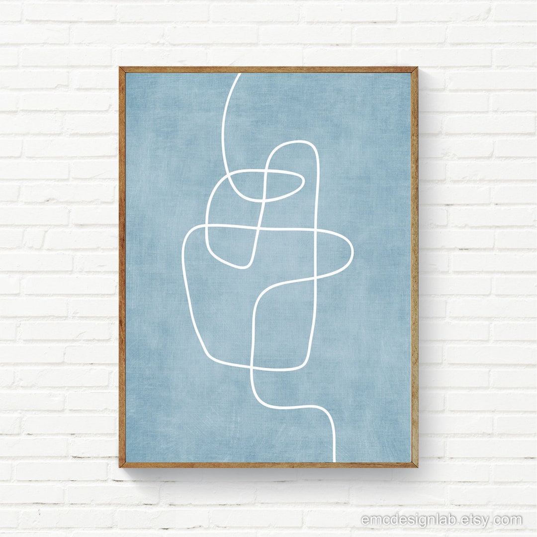 Light Azure White Line Art Print Sky Blue Minimalist Elegant Artwork ...