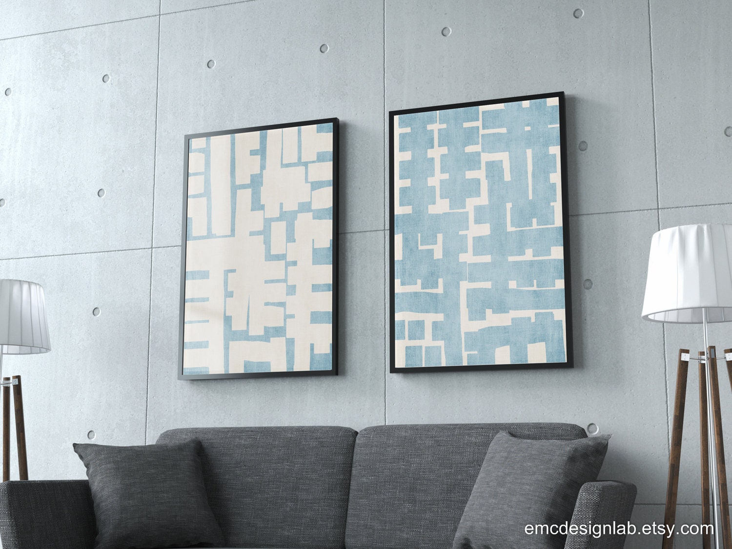 Light Blue Art Set of 2 Prints Ivory White Original Minimalist Print ...