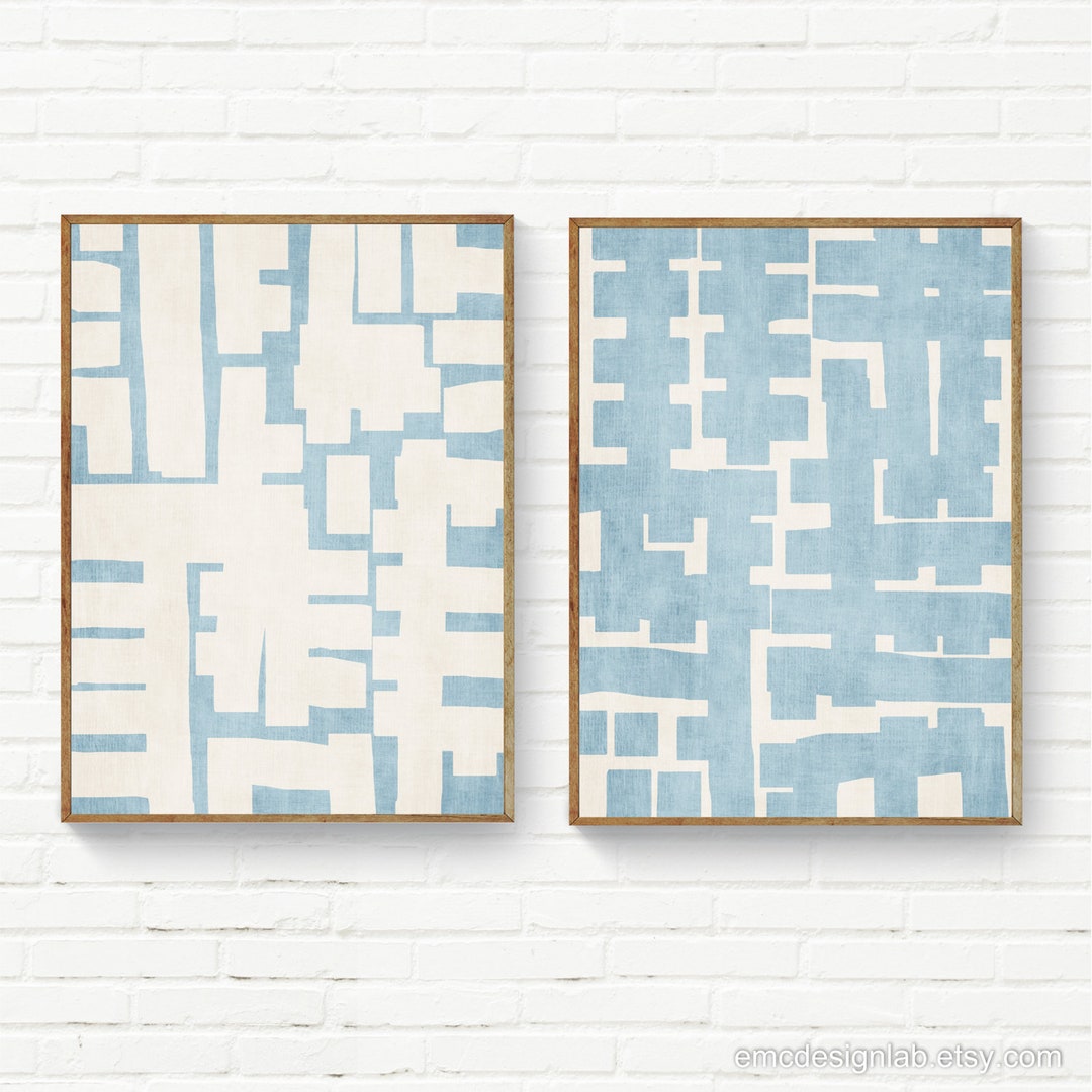 Light Blue Art Set of 2 Prints Ivory White Original Minimalist Print ...