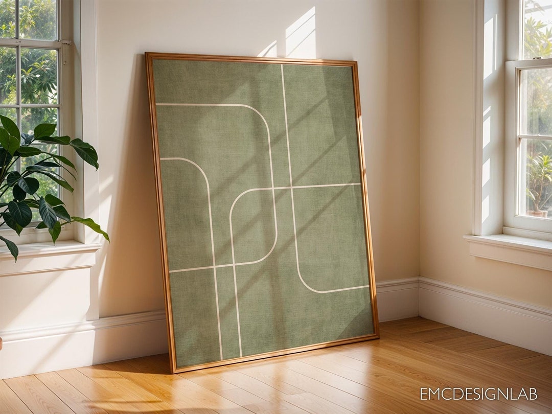 Olive Green Linen Texture Art Print Minimalist Geometric Lines Artwork ...