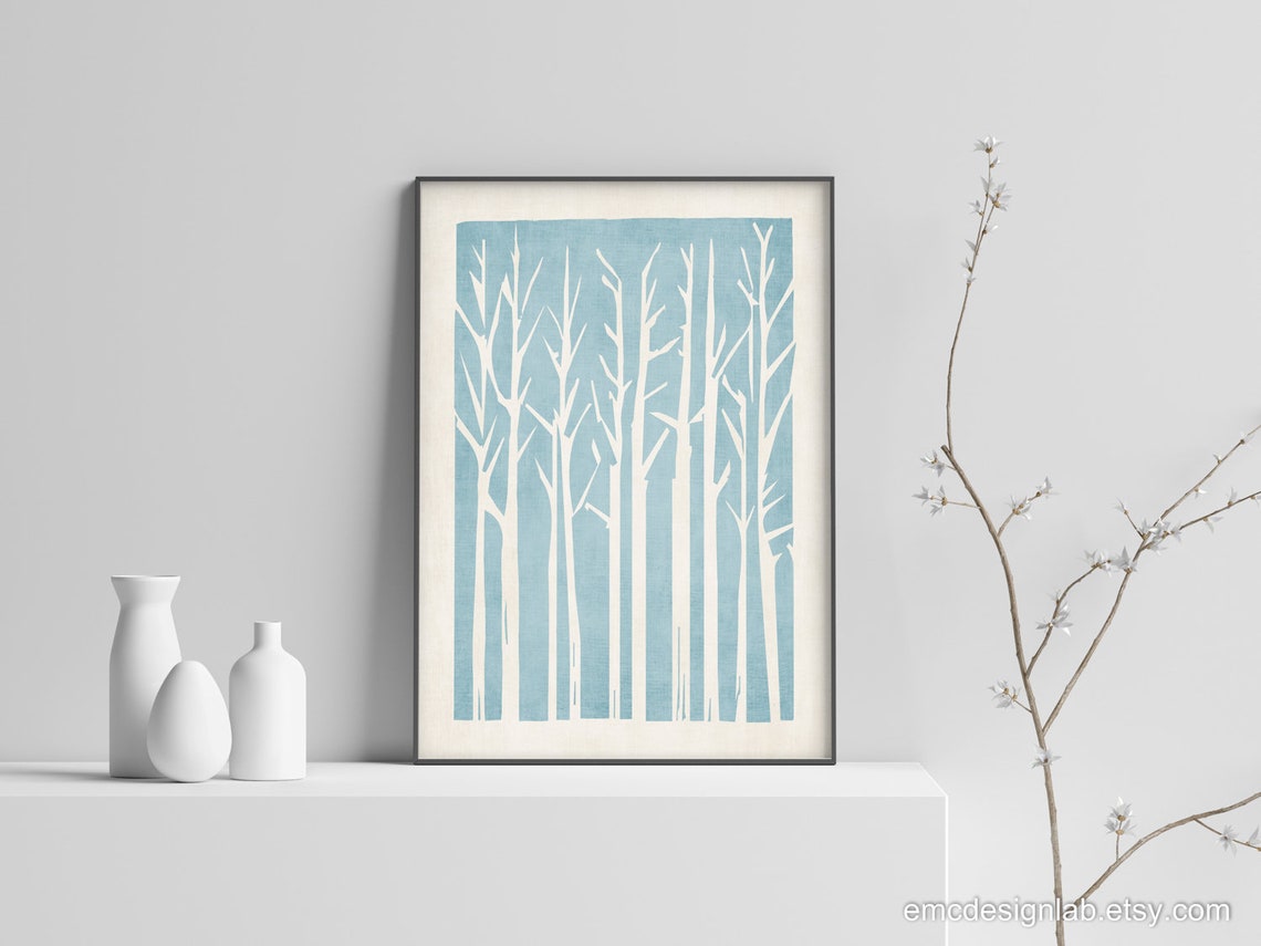 Light Blue Minimalist Trees Forest Art Print Sky Blue White Light ...