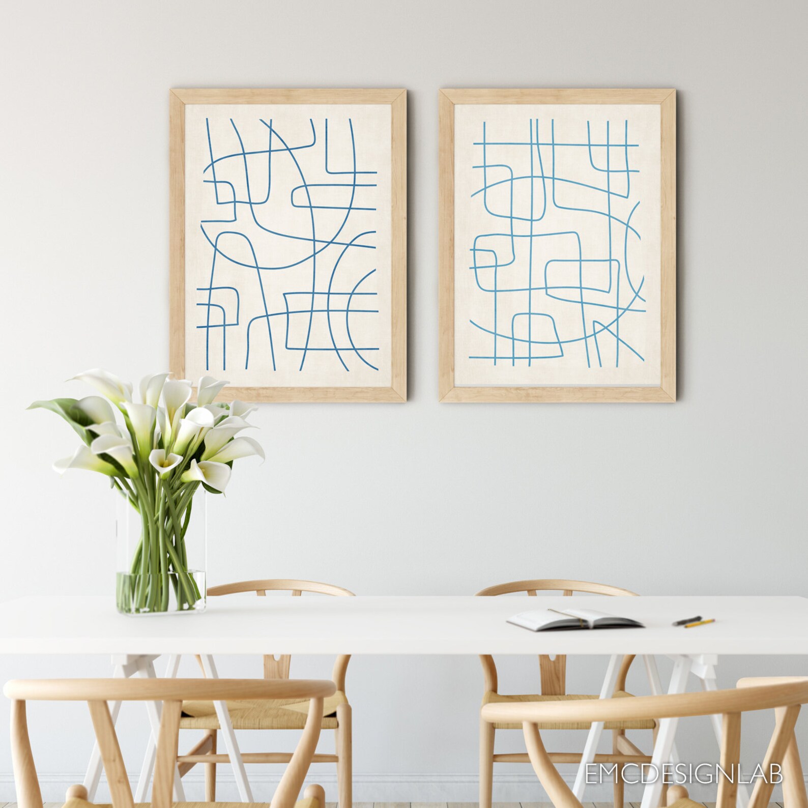 Minimalist Blue Line Art Print Set of 2 Blue Tones Modern Minimalist ...