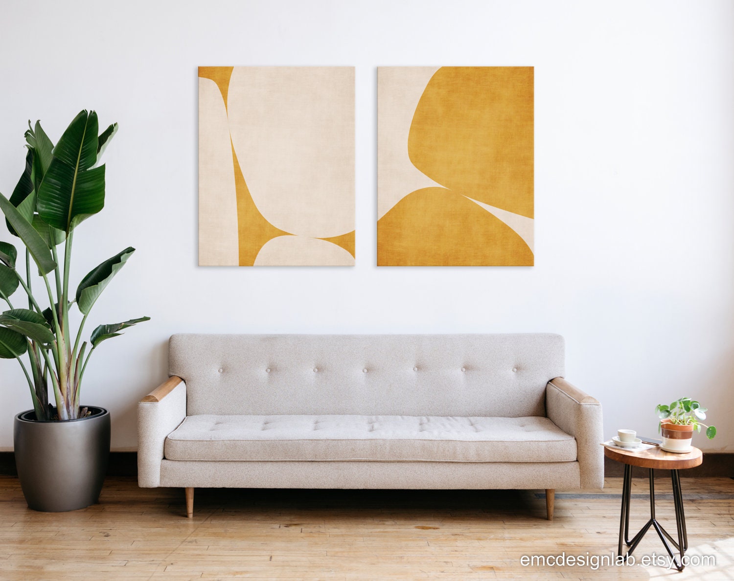 Mustard Yellow Minimalist Abstract Art Set 2 Prints Rounded Shape ...