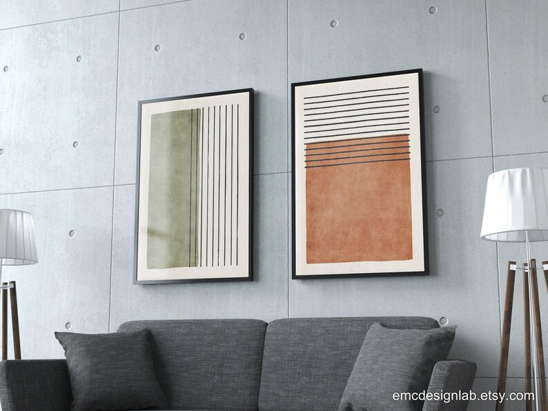 Army Green Terra Color Block Black Lines Art Set of 2 Print Olive Moss ...
