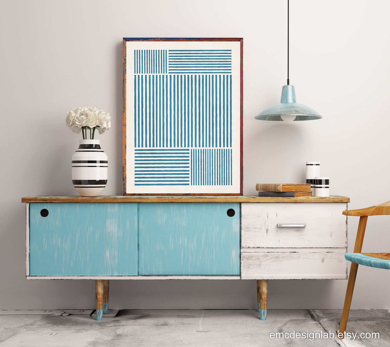 Blue Lines Wall Art, Minimalism White Lines Print, Aegean Blue Stripes ...
