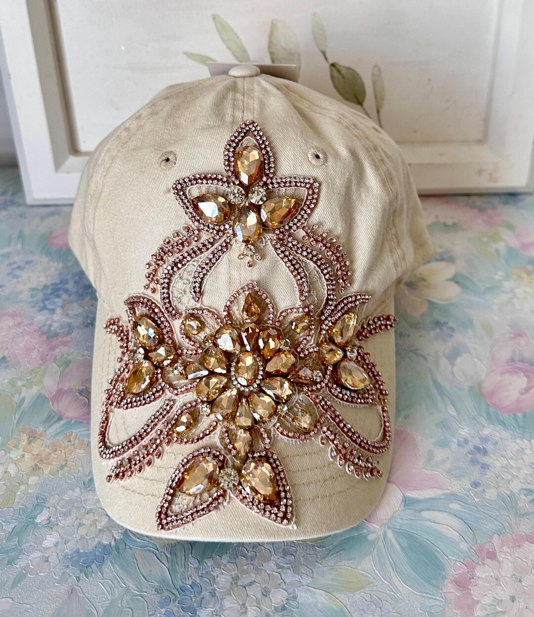 Luxury Handmade Beige Embellished Baseball Cap – One Size, Crystal ...