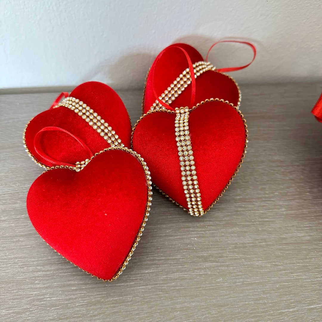 Valentine Red Velvet Heart Glass Rhinestones Handmade Shatterproof 3”5 Inch (90mm) Set of Four ...