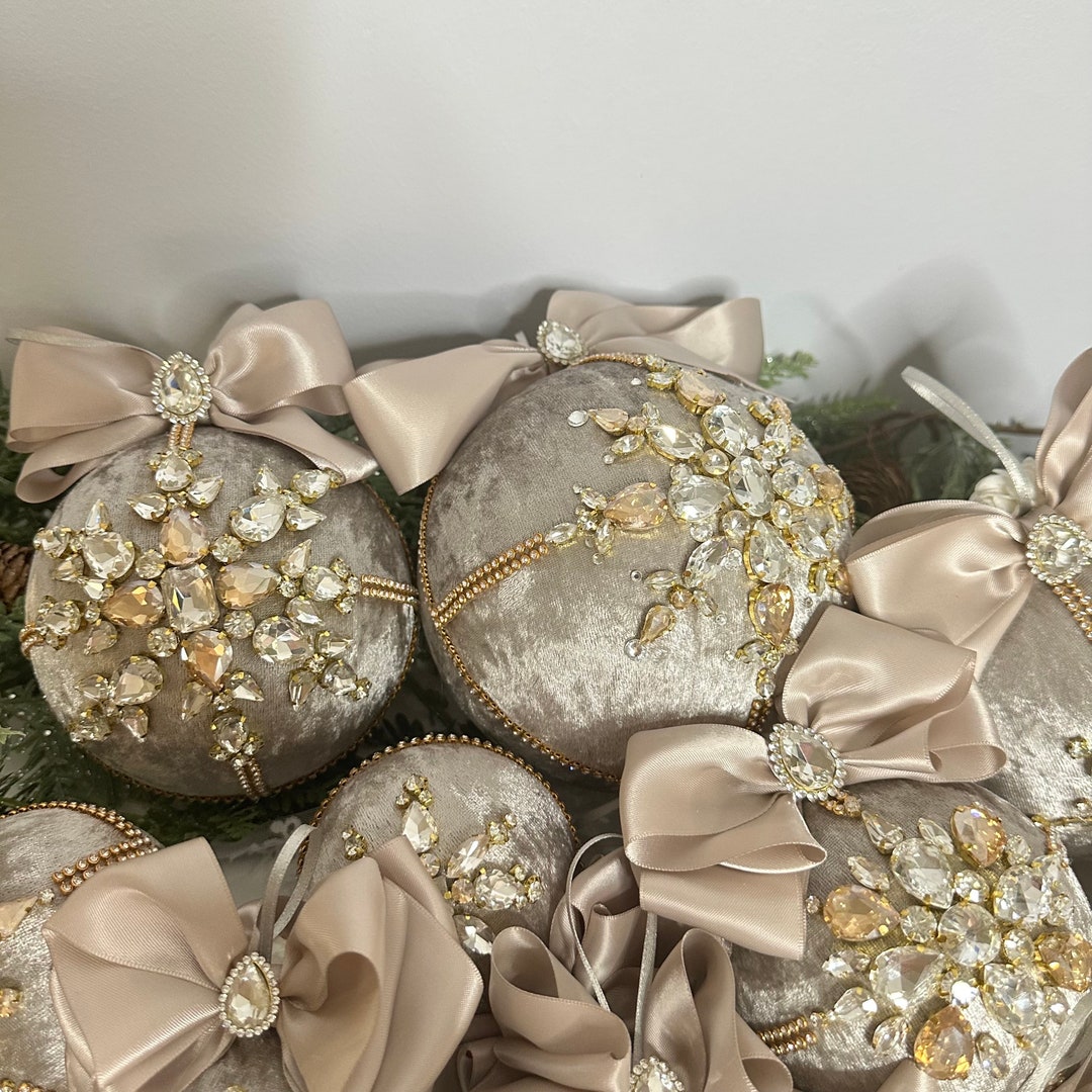 Christmas Ornaments Mocha Velvet Glass Stones Rhinestones Bow Handmade ...