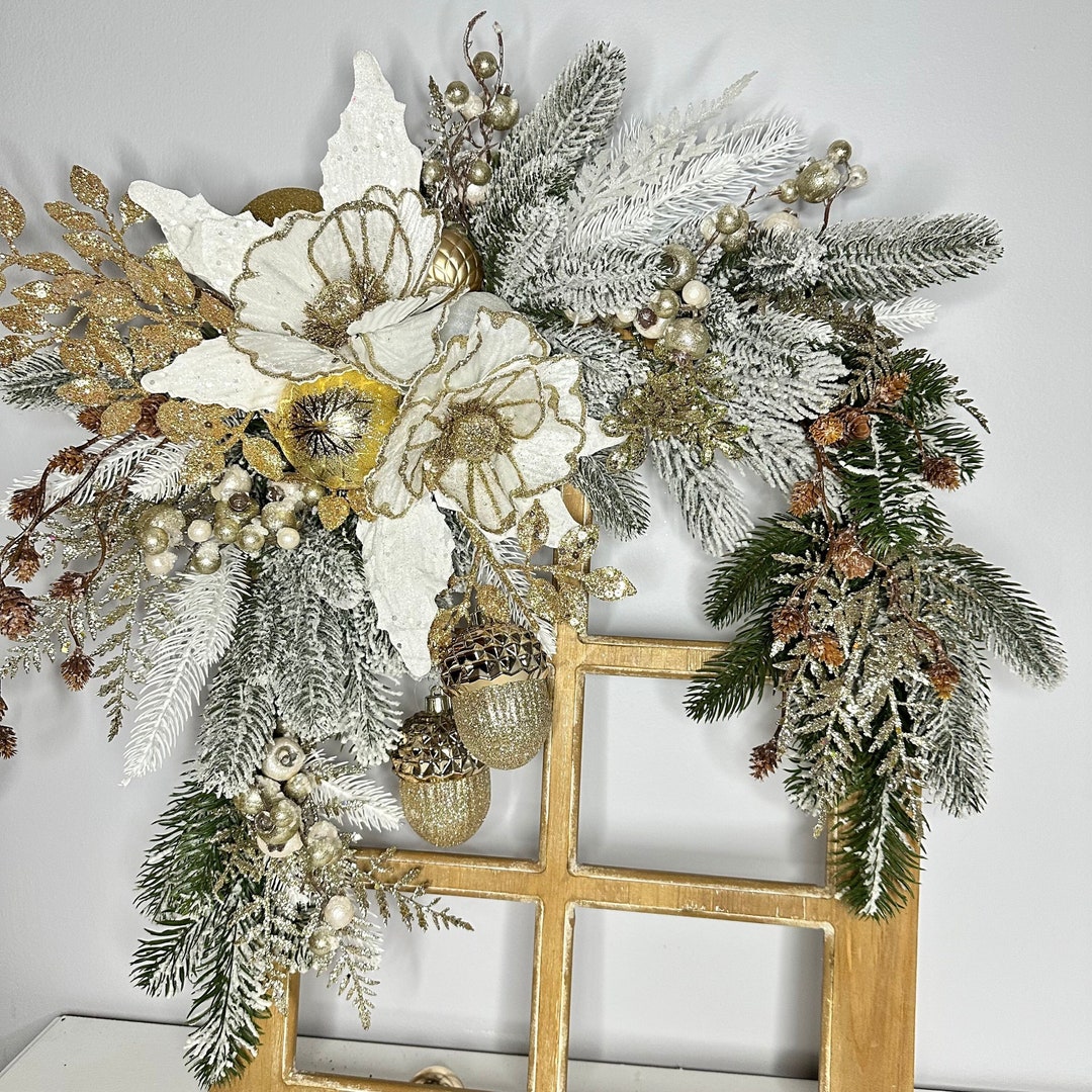 Elegance Christmas Window Frame With Pine Branches and Gold and White ...
