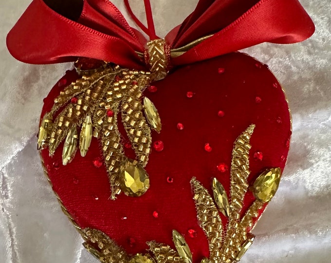 Christmas Valentine’s 4 Inch Red Velvet Hearts Ornaments With Gold Accents and Crystal ...
