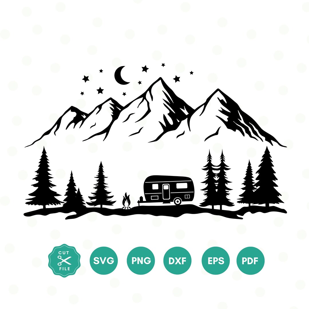 Camper SVG, Camper in Woods, Camper With Campfire Svg, Pine Trees Svg ...