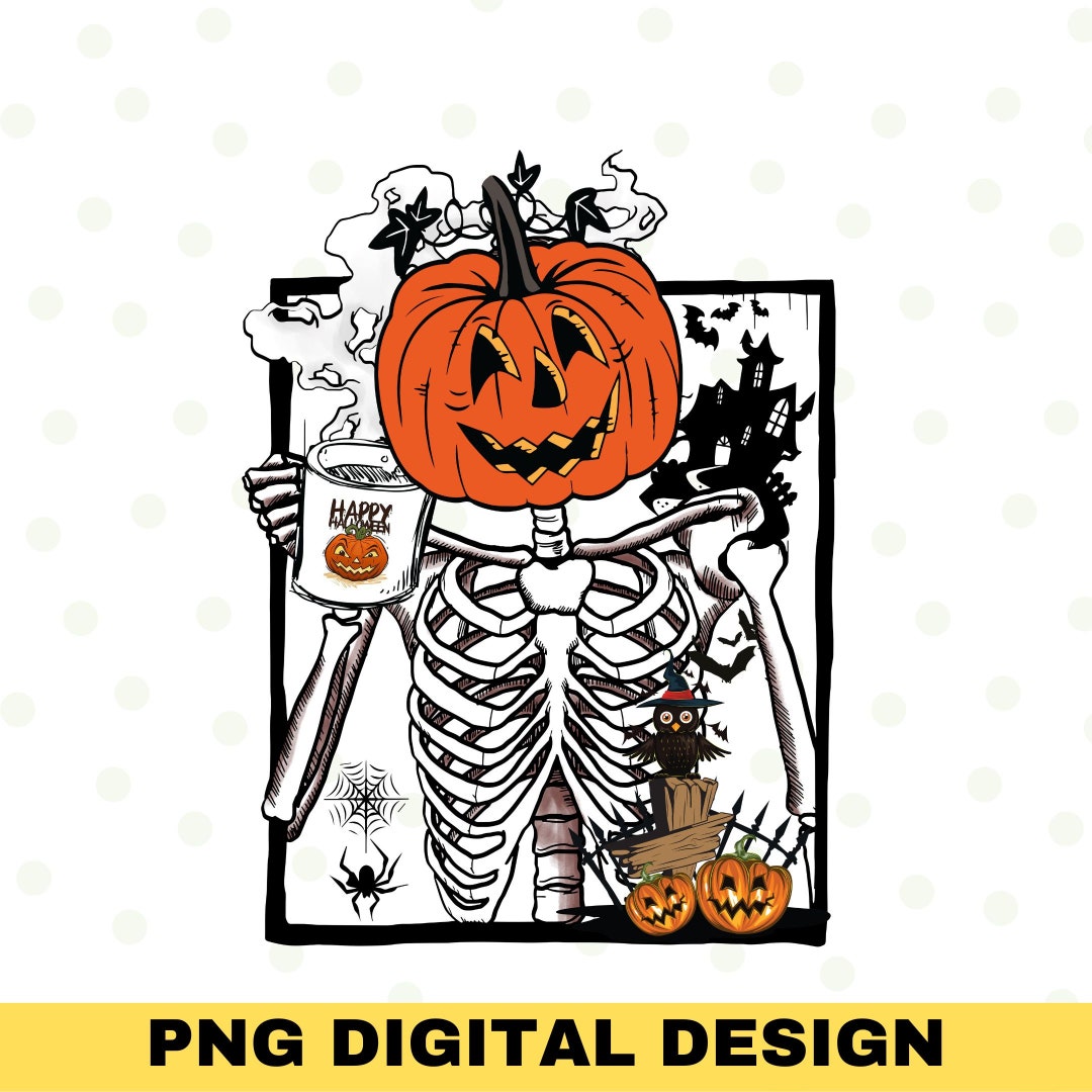 Pumpkin Skeleton Drinking Coffee Png, Skeleton Png, Sublimation Designs ...