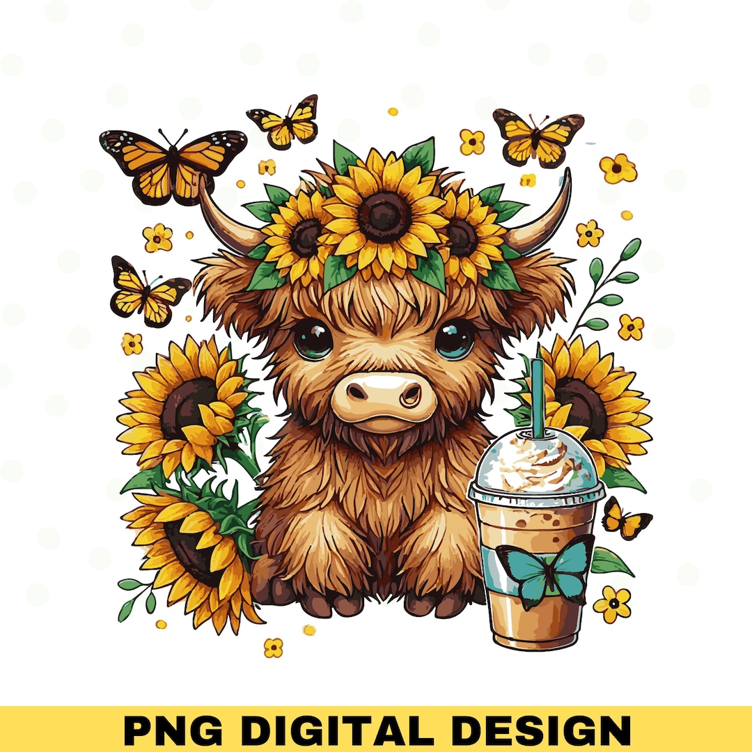 Cute Highland Cow With Sunflowers Coffee Butterfly, Cow Png, Sunflower ...