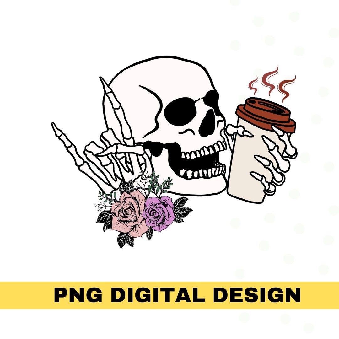 Skull Drinking Coffee Png, Floral Skull Png Coffee Sublimation ...