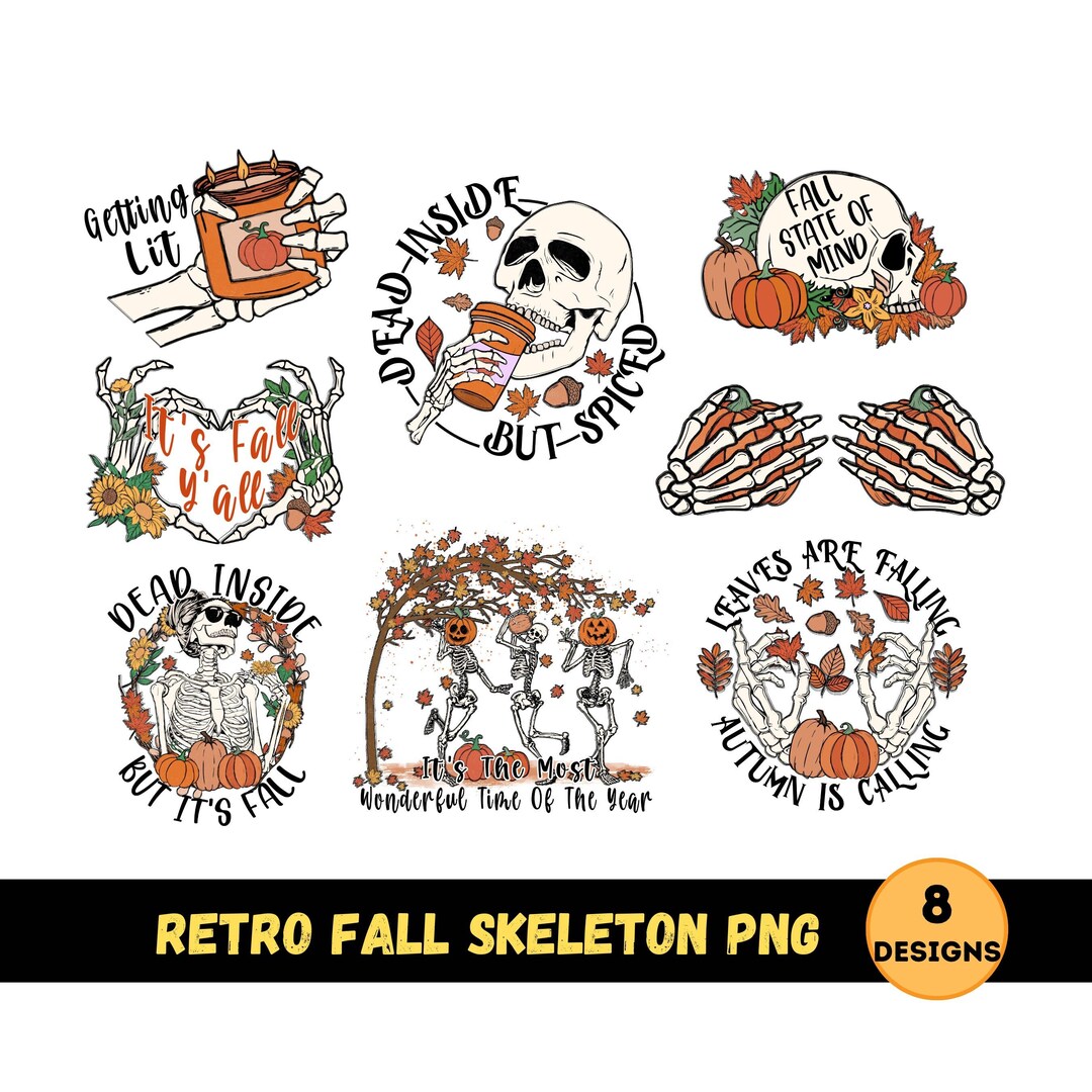 Retro Fall Skeleton Sublimation Bundle , Set of 8, Skeletons Png ...