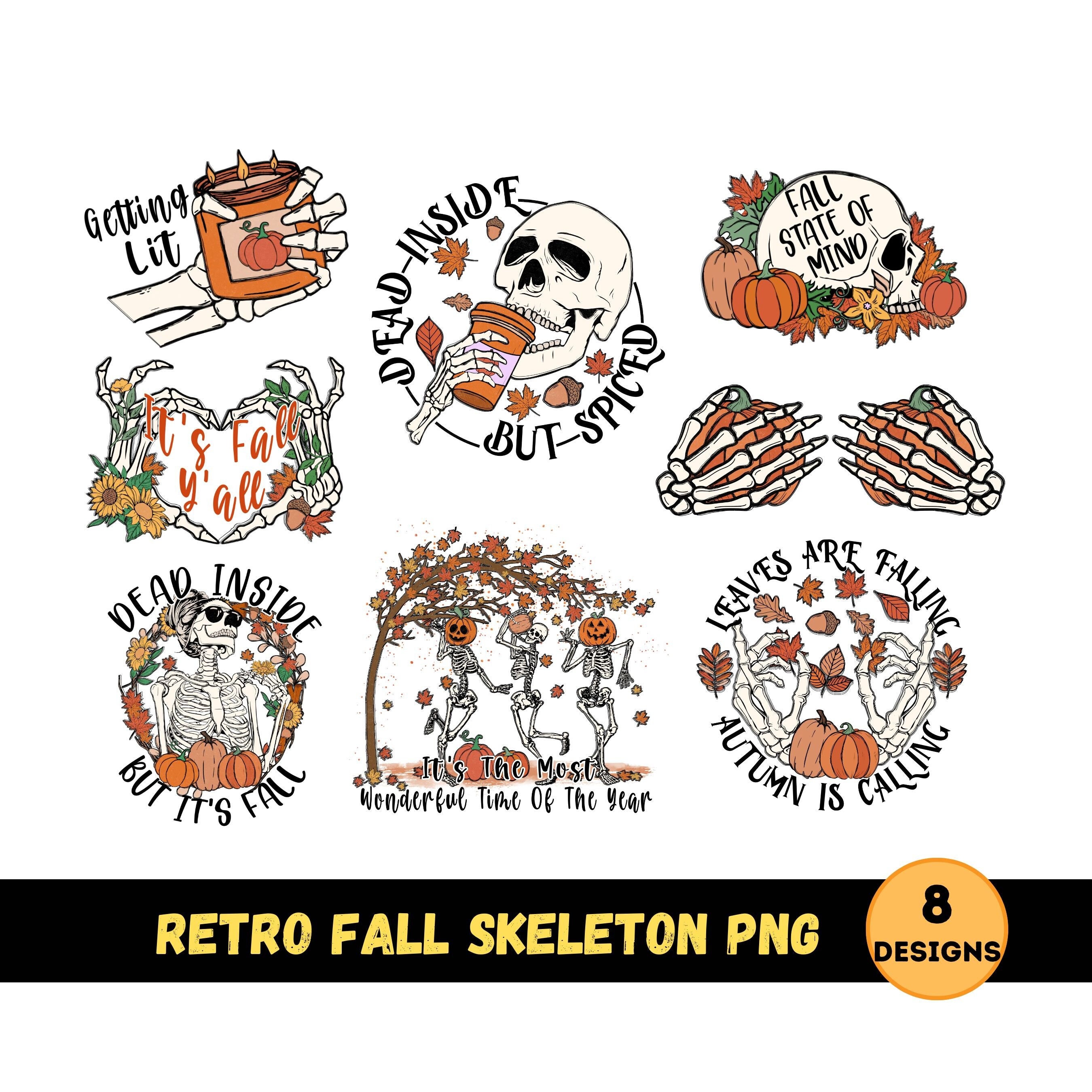 Retro Fall Skeleton Sublimation Bundle , Set of 8, Skeletons Png ...