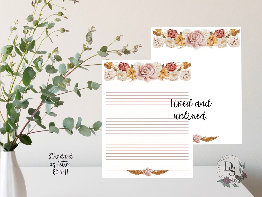 Warm Floral Stationary, Printable Note Paper, Lined Notepaper, Digital ...