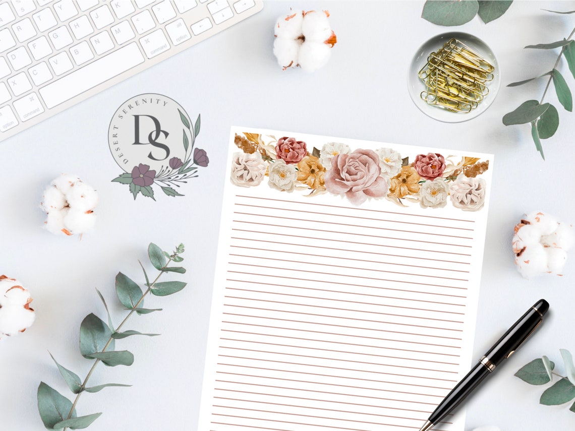 Warm Floral Stationary, Printable Note Paper, Lined Notepaper, Digital ...