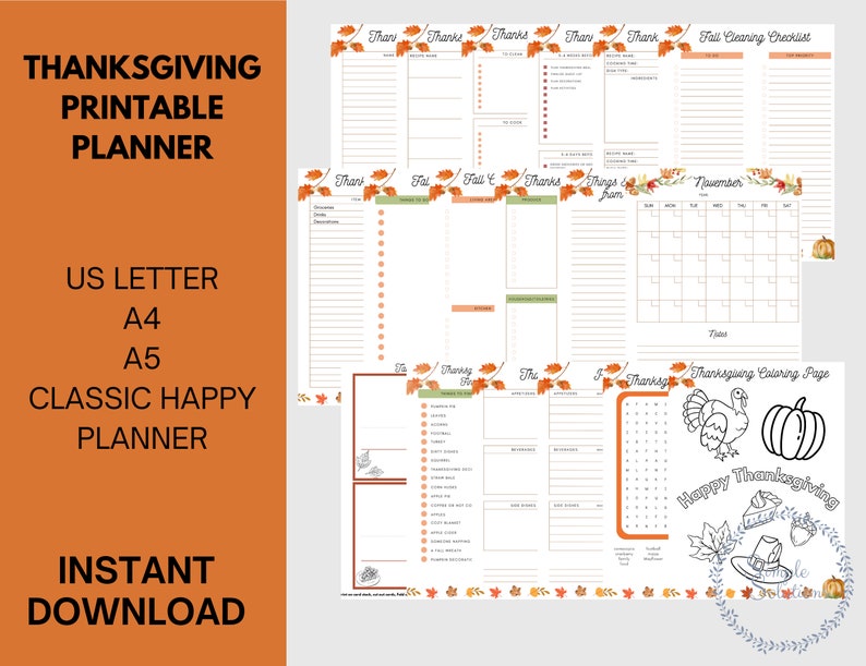 Thanksgiving Planner Printable in A4, A5, US Letter & HP Classic Sizes ...