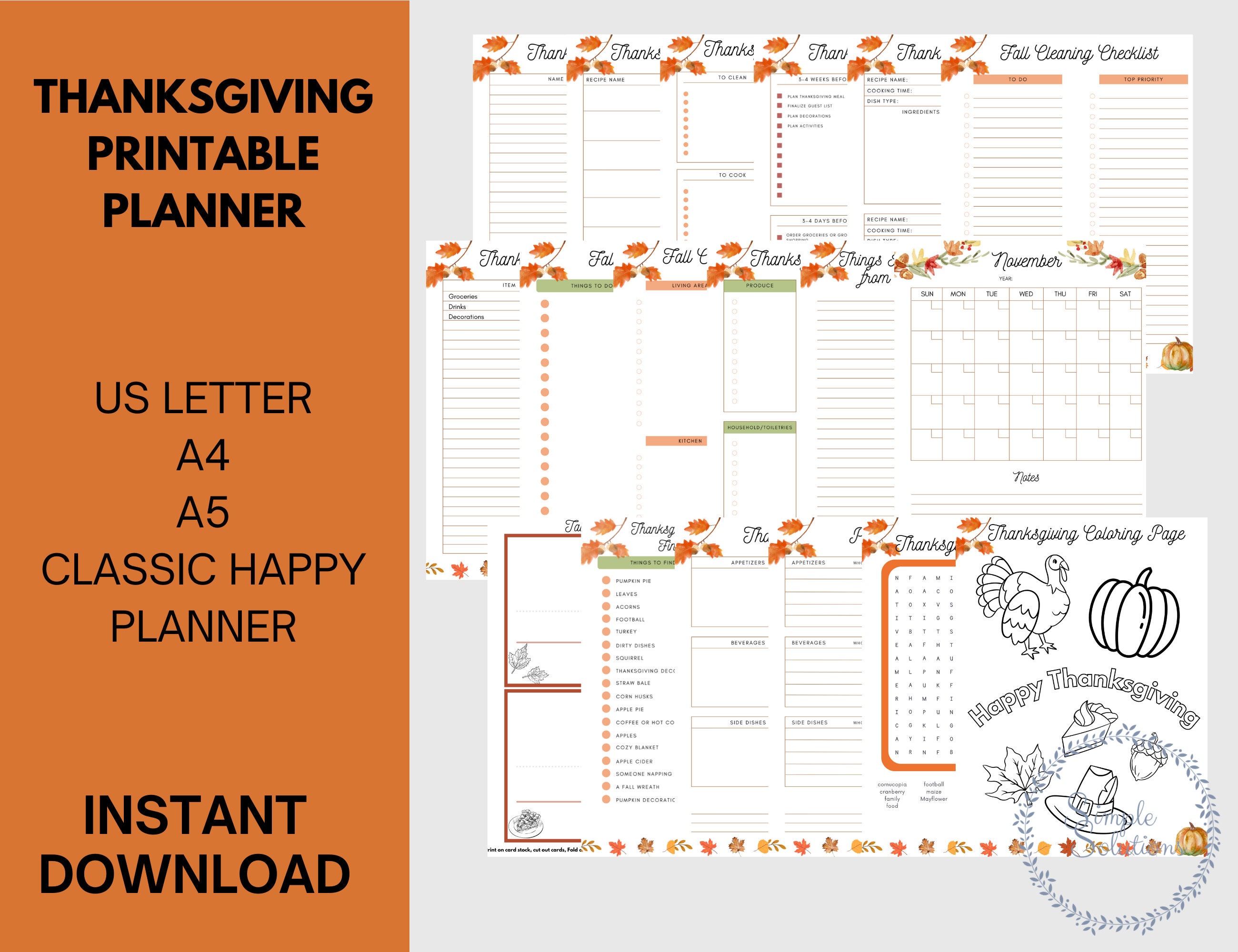 Thanksgiving Planner Printable in A4, A5, US Letter & HP Classic Sizes ...