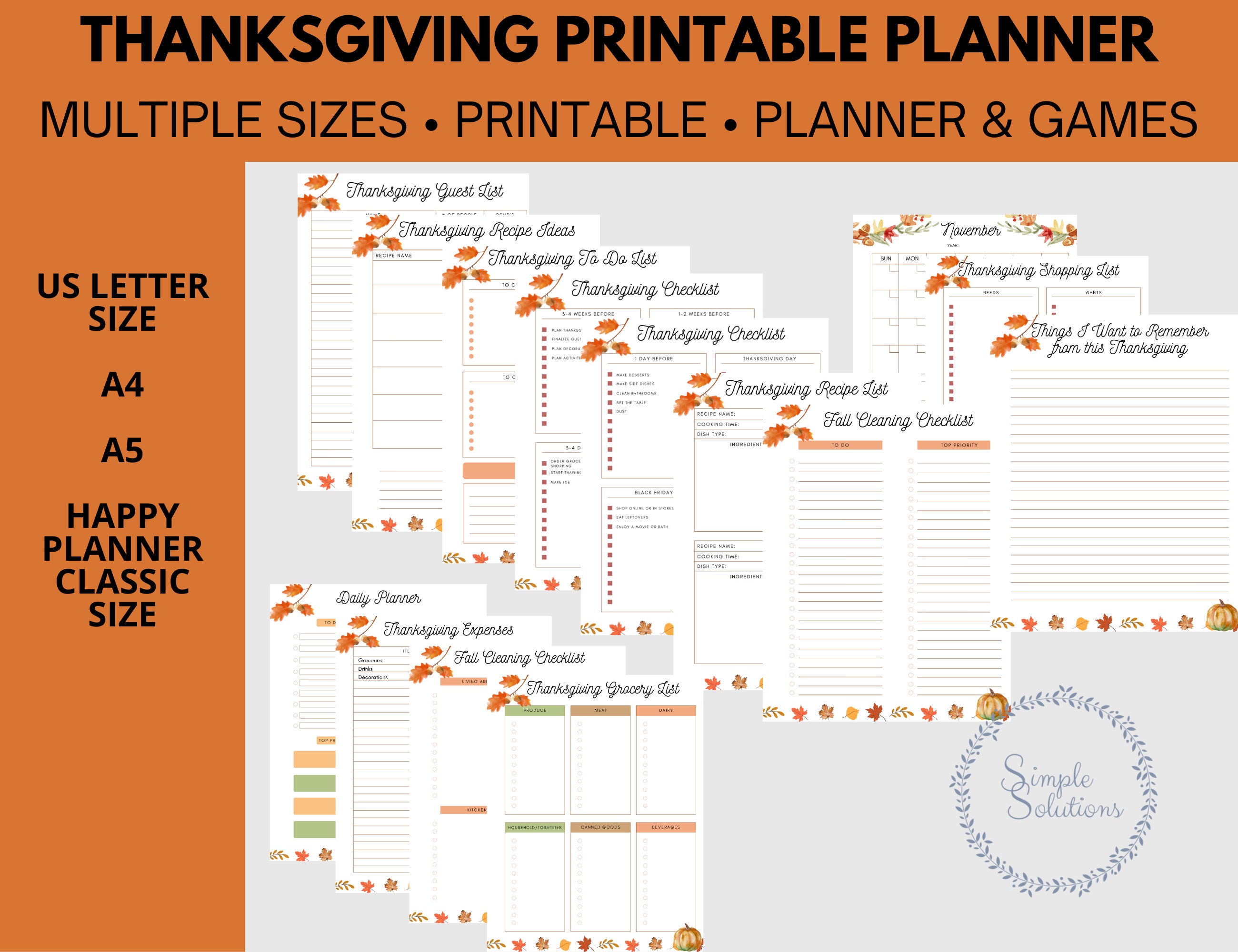 Thanksgiving Planner Printable in A4, A5, US Letter & HP Classic Sizes ...