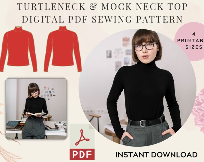 Turtleneck & Mock Neck Top Digital PDF Sewing Pattern // US Size XS-L ...