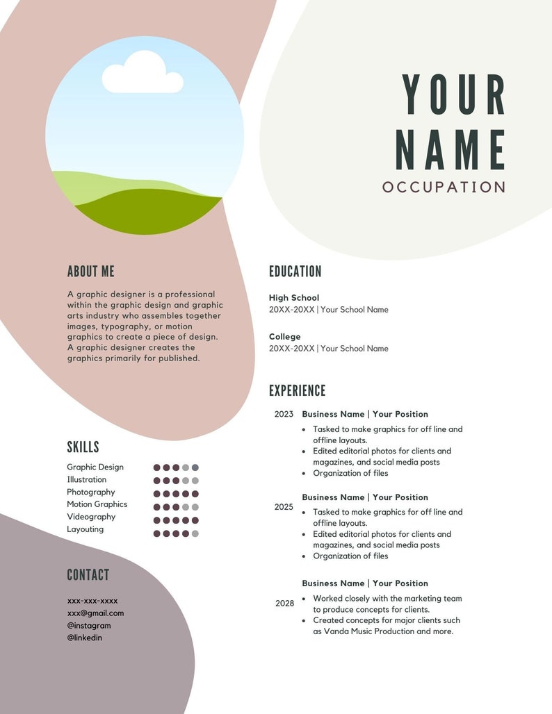 Organic Shape Customizable Resume | Etsy