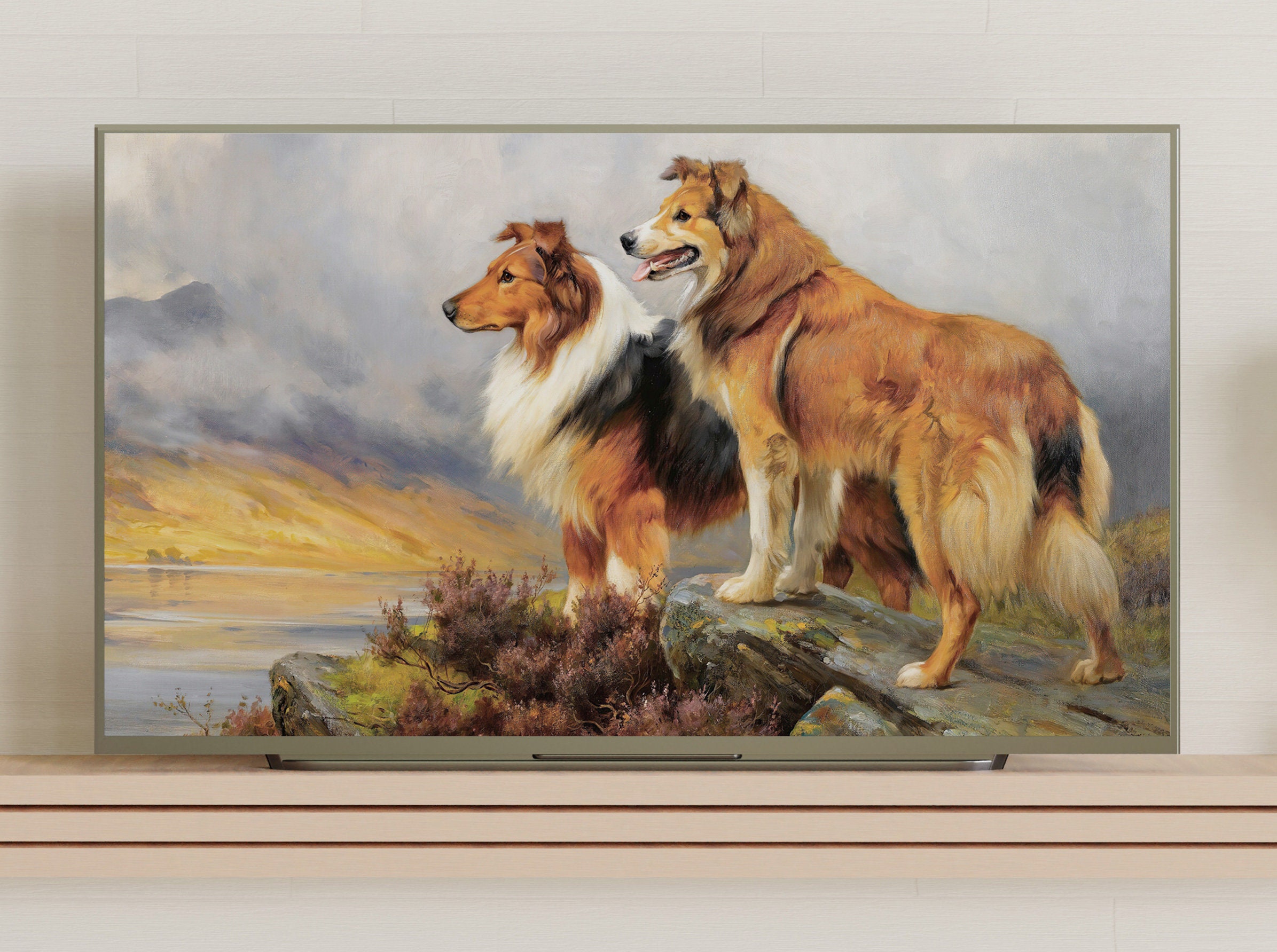 Samsung Frame Tv Art, Two Collies Above A Lake, Vintage Dog Paintings ...