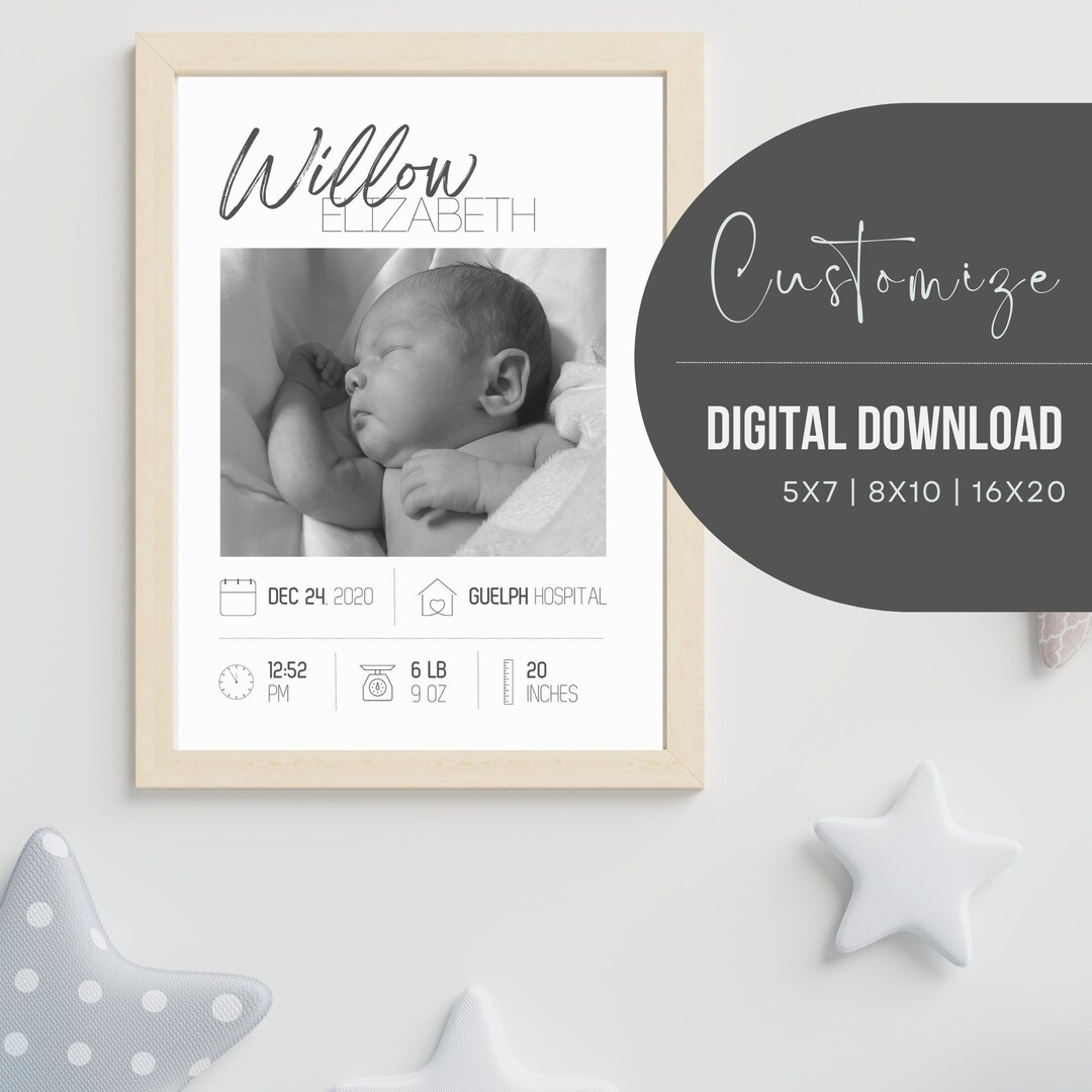 Birth Stats Printable // Baby Photo Keepsake // Minimalist - Etsy