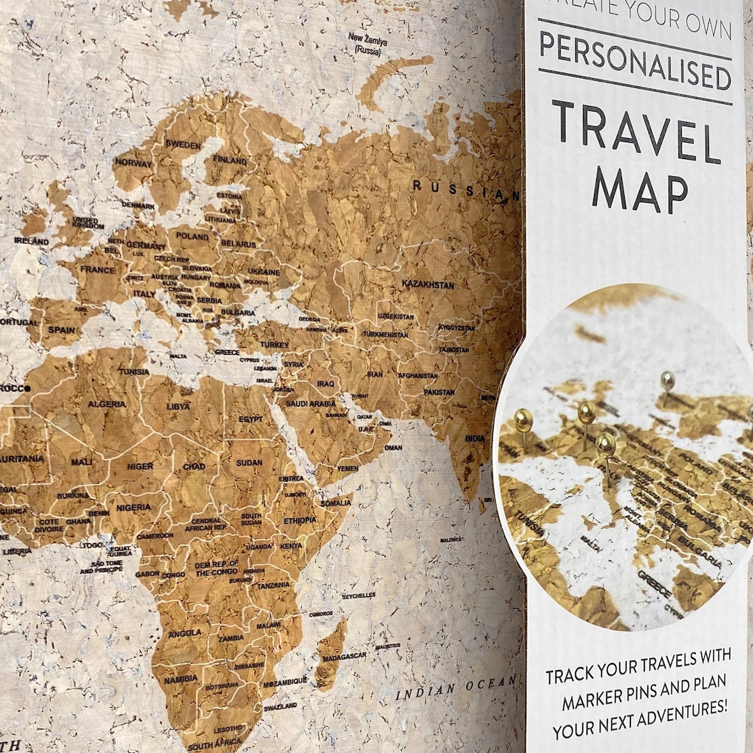 Cork Board World Travel Map With Push Pins: Personalised Travel Gifts ...
