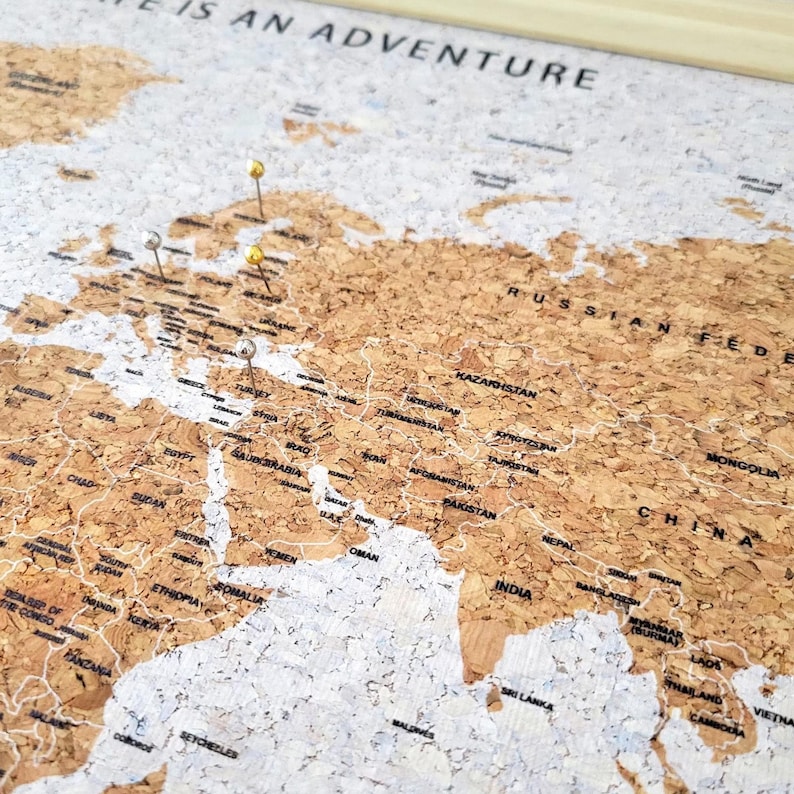 Cork Board World Travel Map With Push Pins: Personalised Travel Gifts ...