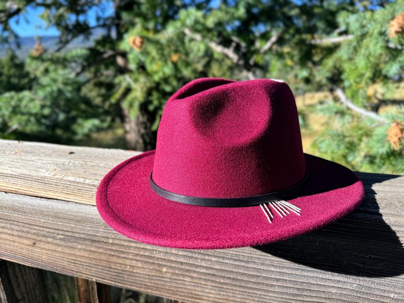Hand Embroidered Fedora: Maroon Felt Hat With Stars and Moon - Etsy