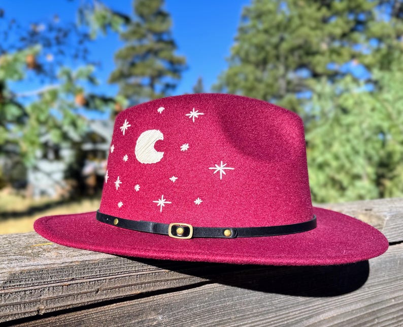 Hand Embroidered Fedora: Maroon Felt Hat With Stars and Moon - Etsy