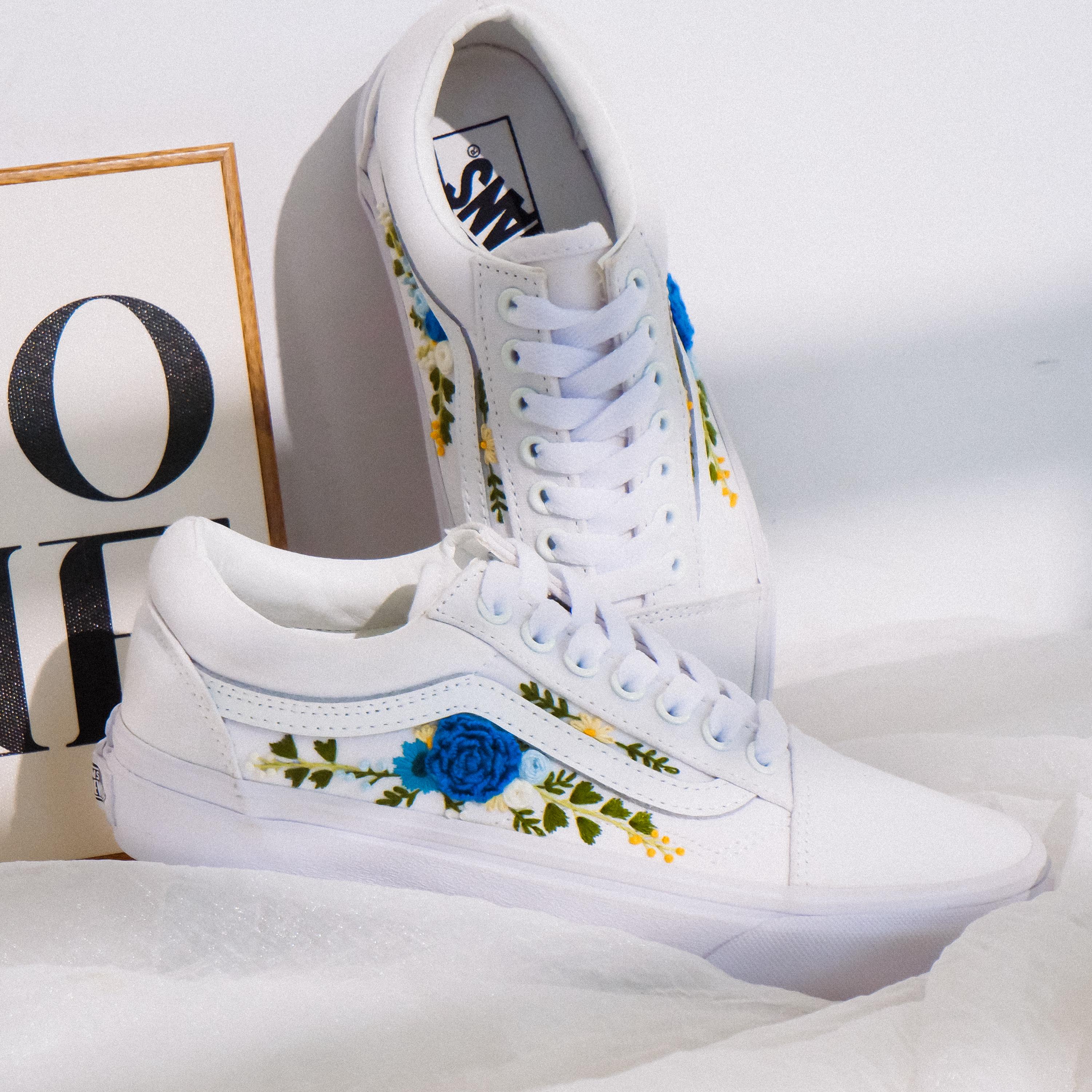 Wedding Vans, Blue Flowers Embroidered Vans Custom, Bridal Flower ...