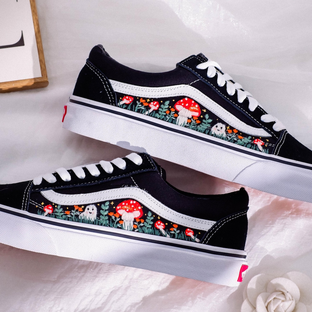 Embroidered Vans Slip On, Custom Vans Embroidery Mushrooms, Ghost ...