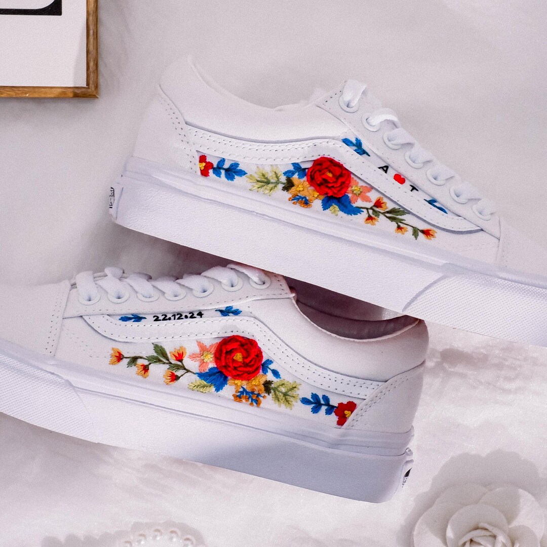 Custom Vans White Slip on Embroidery Flower Peony, Old Skool Wedding ...